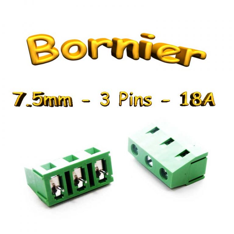 Bornier 3 pôles à souder- Pas 7.5mm - 18A - Vert